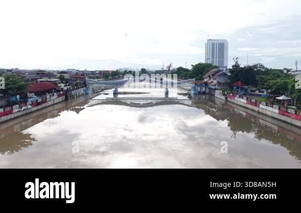 Aerial footage of the Tirtonadi Rubber Dam in Solo, Central Java ...