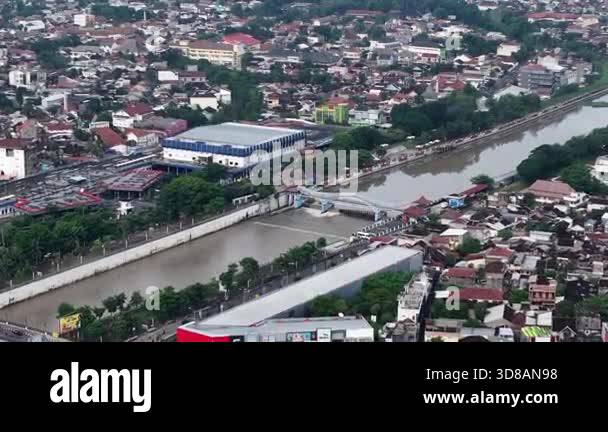 Aerial footage of the Tirtonadi Rubber Dam in Solo, Central Java ...