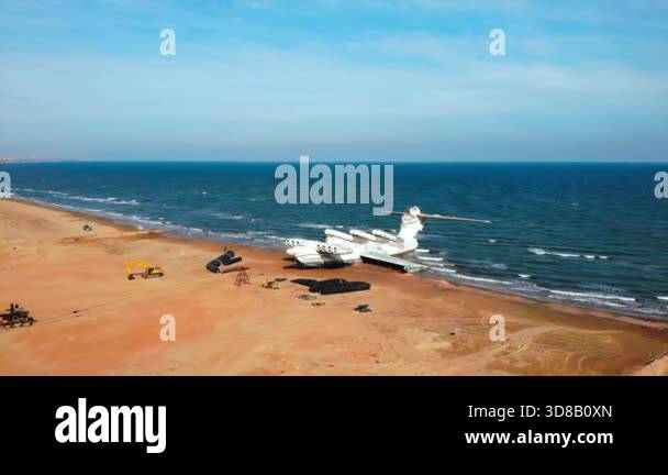 Aerial footage showing the unique soviet lun class ekranoplan resting ...