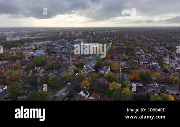 This aerial view captures a vibrant city buzzing with activity. Autumn ...