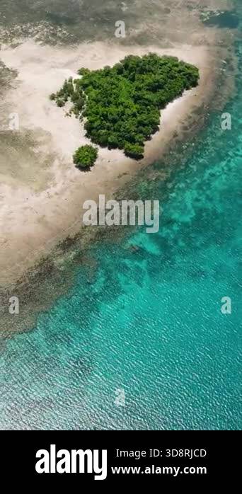 Top view of islet with green vegetation in shallow turquoise waters and ...