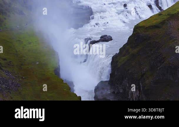 Aerial view of Gullfoss on the Hvita river in Iceland shows two tier ...