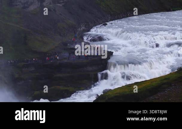 Aerial shot shows Gullfoss on the Hvita river in southwest Iceland ...