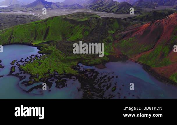 Aerial view in Iceland shows Landmannalaugar lava, green moss, rhyolite ...