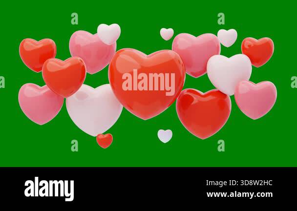 3 d rendering of red heart shaped balloons isolated on green background ...