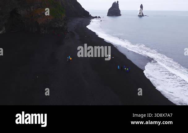 High aerial view of Reynisfjara near Vik, Iceland. Reynisdrangar sea ...