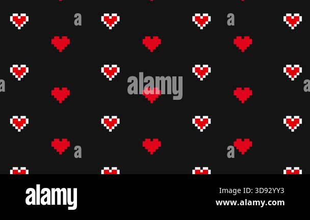 Retro pixel hearts pattern with red and white 8-bit symbols on black ...