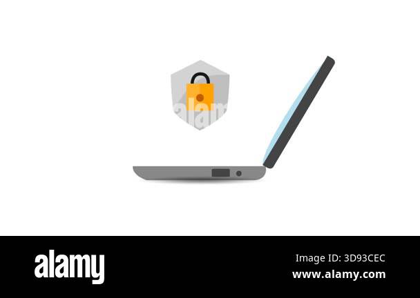 A clean and minimal animation showing an open laptop with an unlocked padlock icon floating ...