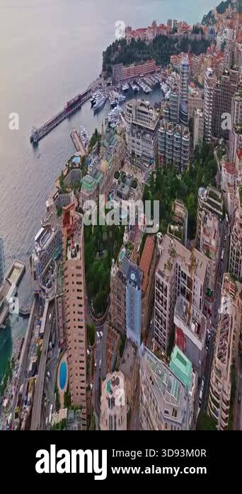 Birds eye aerial view of traffic in Monte Carlo, Monaco. Famous formula ...
