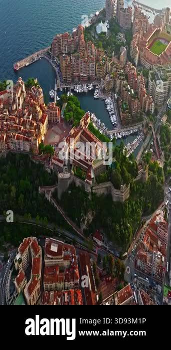 Aerial view of the city center of Monaco. Establishing shot showcases ...