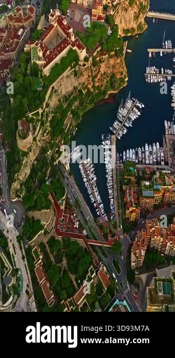 Aerial view of the city center of Monaco. Establishing shot showcases ...