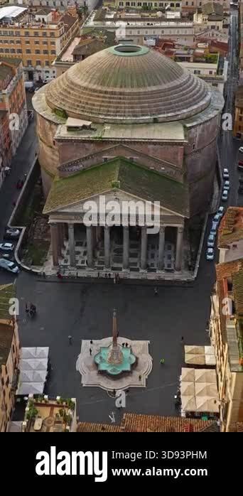 Pantheon facade in Rome, Italy, aerial descending on the ancient ...