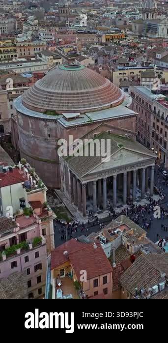 Pantheon facade in Rome, Italy, aerial descending on the ancient ...