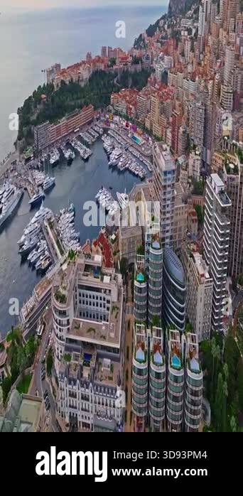 Birds eye aerial view of traffic in Monte Carlo, Monaco. Famous formula ...