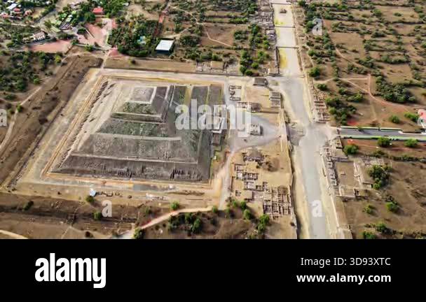 Aerial drone view of the ancient Teotihuacan pyramids with the ...
