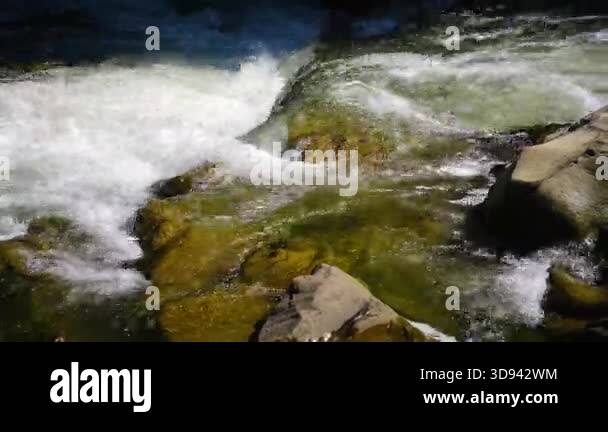 Crashing water flowing over mossy rocks in a wild river stream motion ...