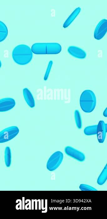 Blue capsules, tablets and pills slowly fall against cyan backdrop ...