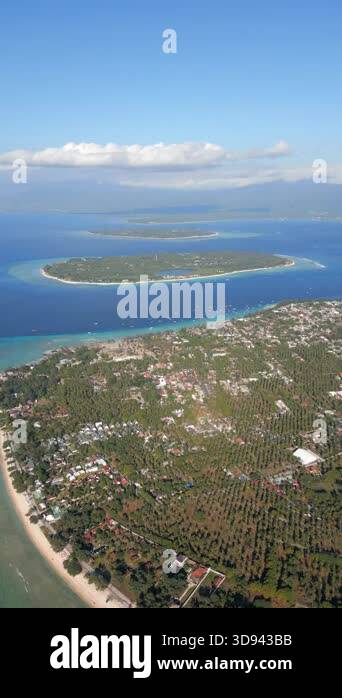 Aerial view of Gili Trawangan island, Indonesia, with Gili Meno and ...