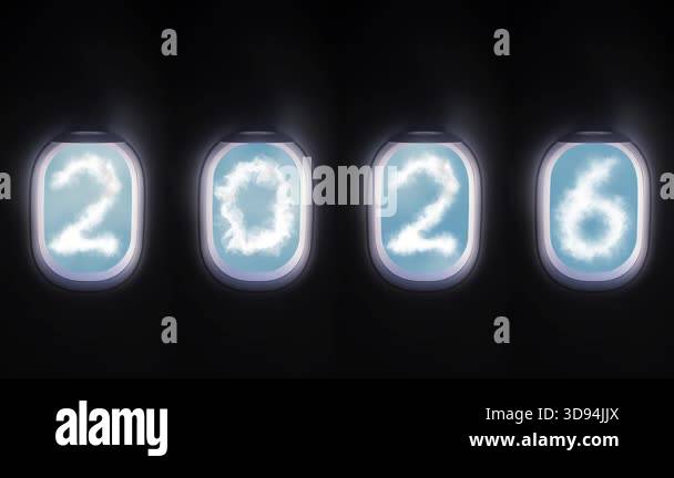 4K looping. cloud 2026 outside the plane window, four airplane windows open white window shutter ...