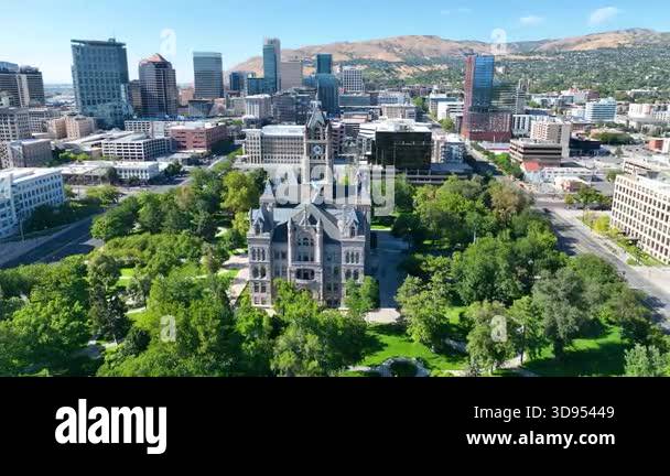 Aerial footage orbits the Salt Lake City and County Building with ...