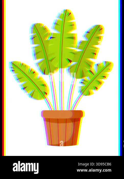 Animated cartoon houseplant in a pot with a glitch effect and chromatic ...