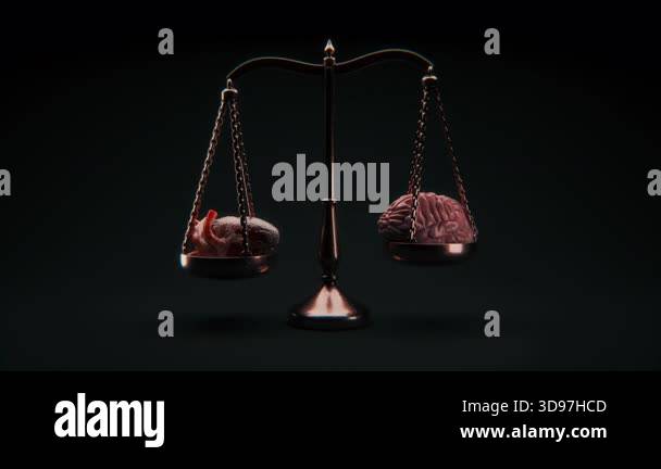 Cinematic 4K loop of a vintage scale with a beating human heart on one ...