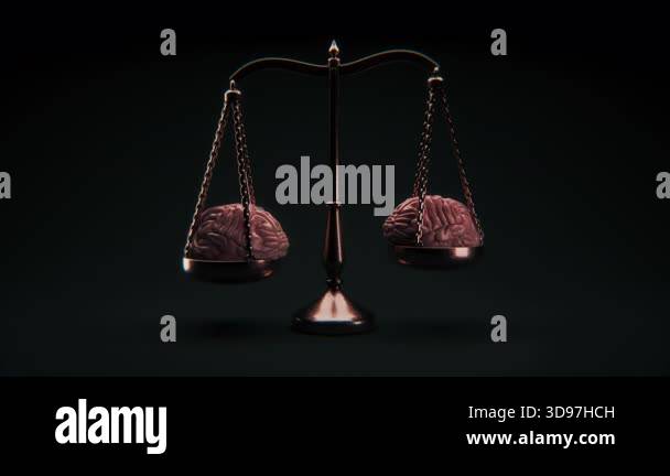 Cinematic 4K loop of a vintage balance scale holding two human brains ...
