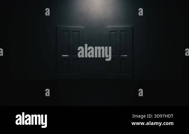 Cinematic shot of two doors slowly opening as the camera moves forward ...