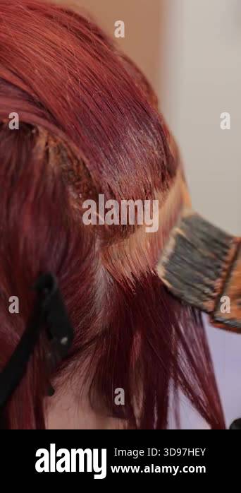 A stylist carefully applying hair color on red hair inside a beauty ...