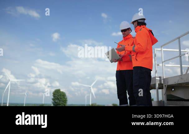 Engineers wearing safety helmets and reflective jackets inspecting a ...