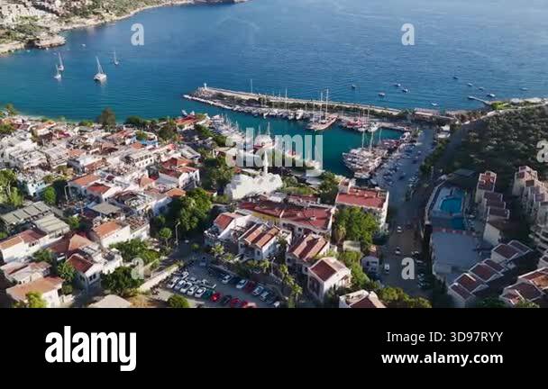 Marina with several boats on the Mediterranean shoreline in 4K Stock ...