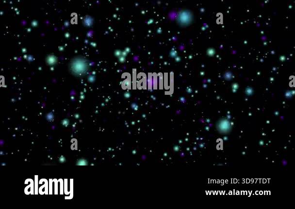 A seamless horizontal loop of floating blue and teal glowing particles ...