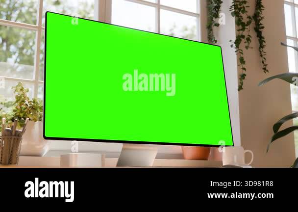 Computer monitor green screen mockup left perspective close-up view ...