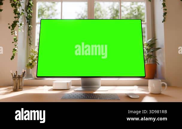 Computer Monitor Green Screen Mockup on Wooden Desk Bright Home Office ...
