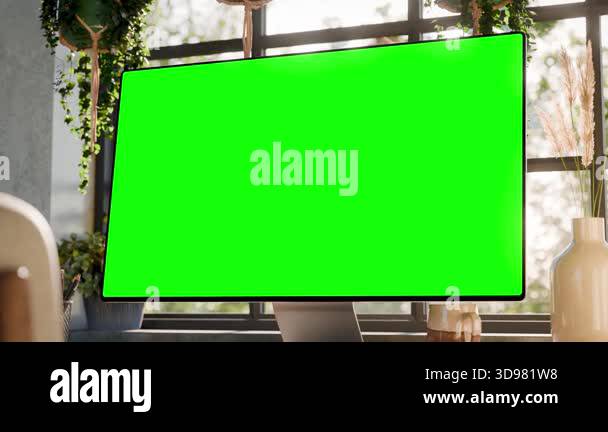 Computer monitor green screen mockup upward camera movement from bottom ...