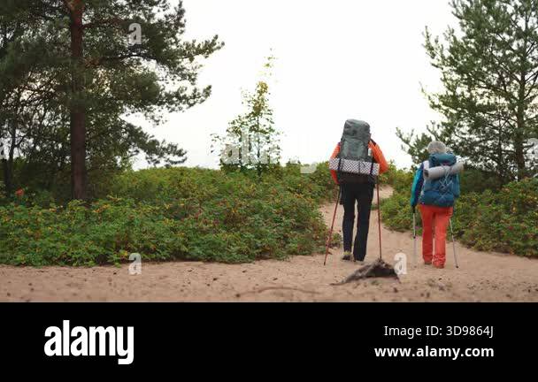 Hiking tourism adventure. Senior couple man woman enjoying outdoor ...