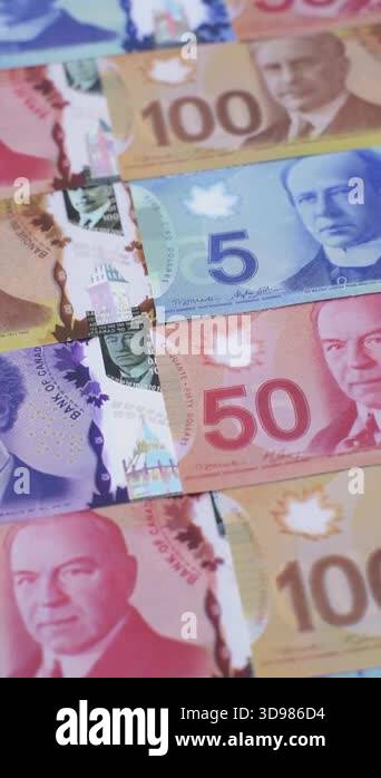 Money, currency of Canada, dollar banknotes of various denominations ...