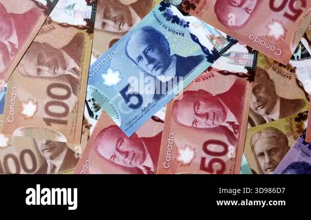 Money, currency of Canada, dollar banknotes of various denominations ...