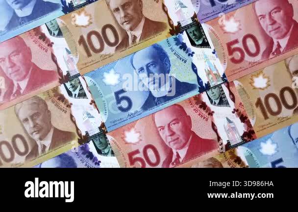 Money, currency of Canada, dollar banknotes of various denominations ...