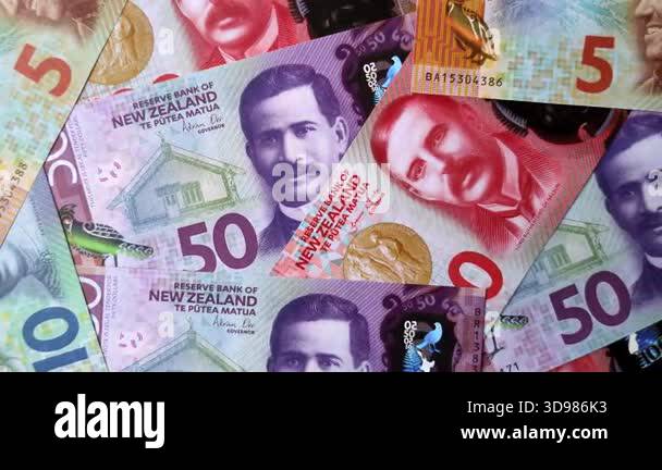 Money, currency of New Zealand, dollar banknotes of various ...