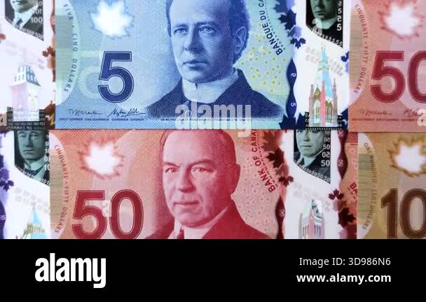 Money, currency of Canada, dollar banknotes of various denominations ...
