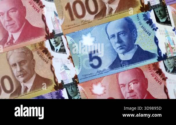 Money, currency of Canada, dollar banknotes of various denominations ...