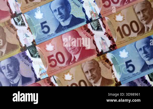 Money, currency of Canada, dollar banknotes of various denominations ...