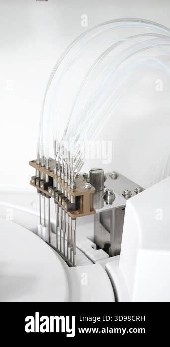 Close up of an automatic laboratory analyzer mechanism with multiple ...