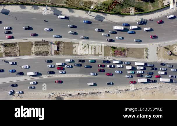 Giza , Egypt - April 10, 2021: Aerial overhead view of a traffic jam on ...