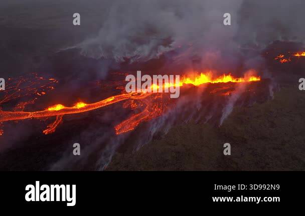 Volcano eruption, Red hot burning lava erupts from ground in Iceland ...