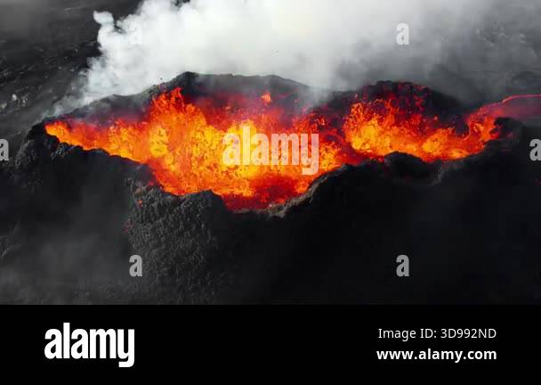 Volcano eruption, Red hot burning lava erupts from ground in Iceland ...