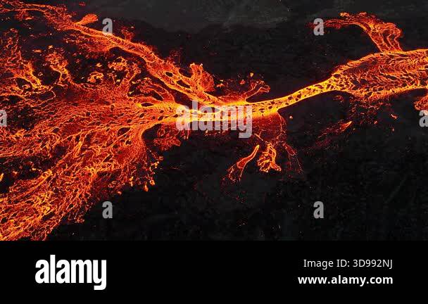 Volcano eruption, Red hot burning lava erupts from ground in Iceland ...