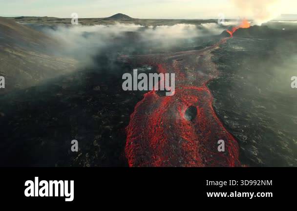 Volcano eruption, Red hot burning lava erupts from ground in Iceland ...