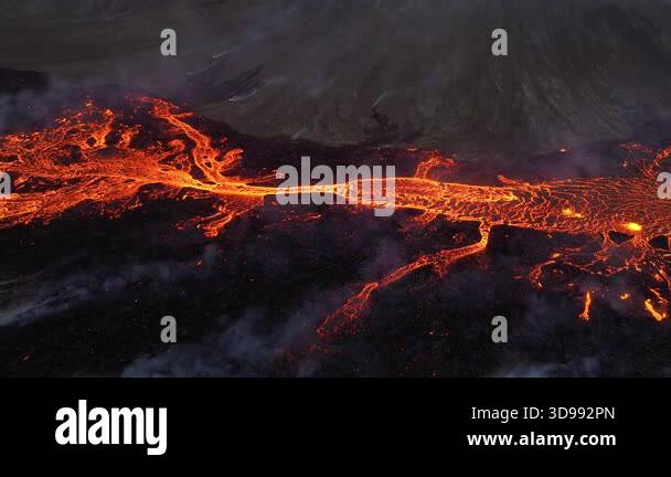 Volcano eruption, Red hot burning lava erupts from ground in Iceland ...